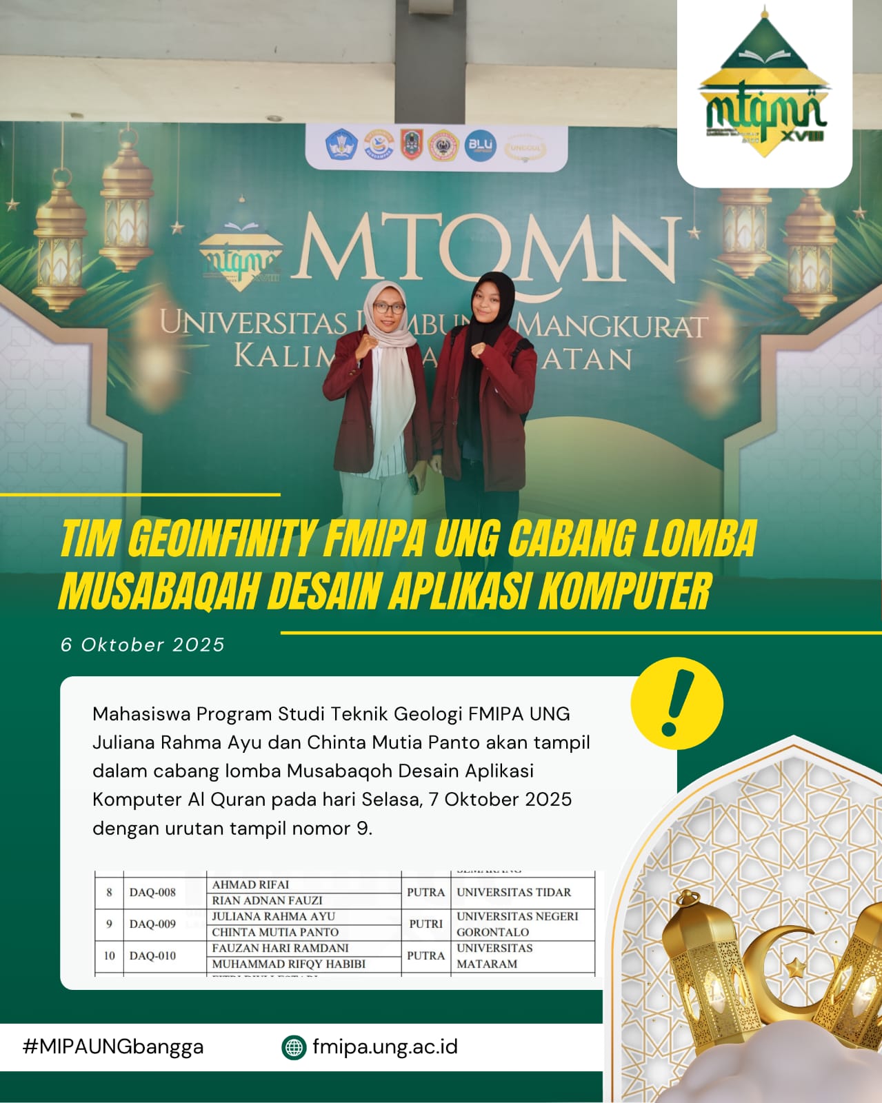 Kafilah FMIPA UNG Tampil Menyakinkan di MTQMN 2025 dengan Aplikasi SAMAWA